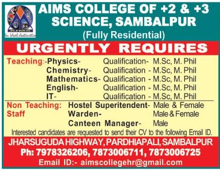 Odisha Jobs - Vacancy for AIMS College Of Science Sambalpur