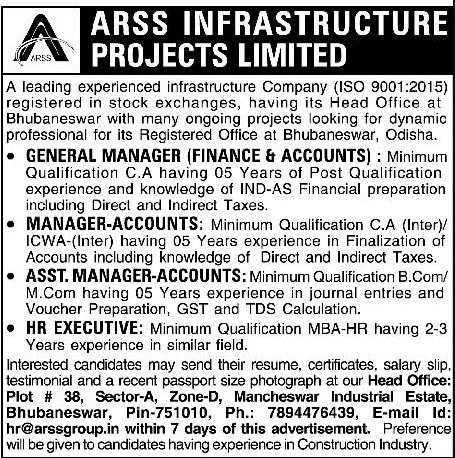 Odisha Jobs - Vacancy At ARSS-Infrastructure-Projects-Limited