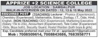 Odisha Jobs - Walk-in at Apprize-Science-College April-2022