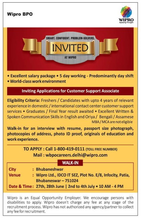 Odisha Jobs - Customer Support Associate BPO Jobs in Wipro, Bhubaneswar