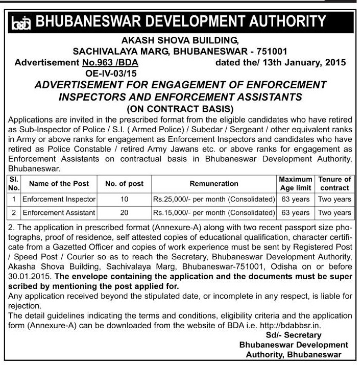 Odisha Jobs - Enforcement Inspector & Assistant Jobs in BDA, Bhubaneswar
