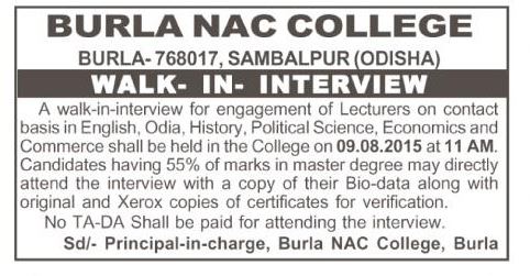 Odisha Jobs - Lecturer Posts at Burla NAC College , Sambalpur