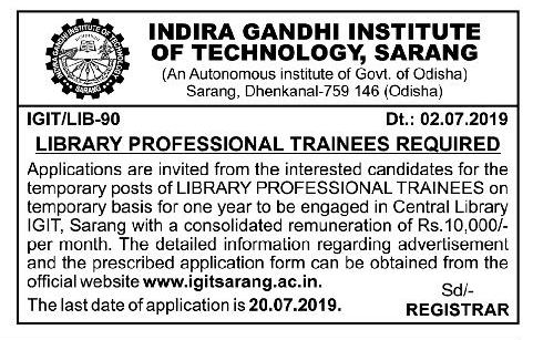 Odisha Jobs - Opportunity At IGIT-Sarang July-2019