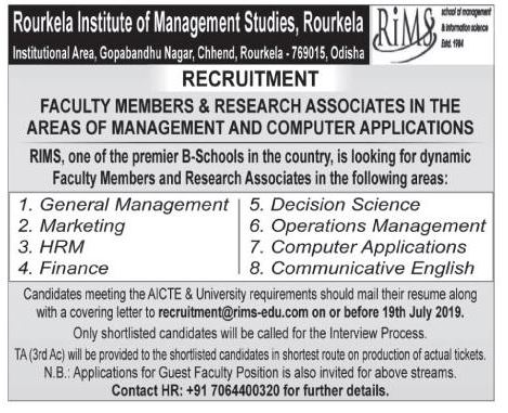 Odisha Jobs - Vacancy At RIMS-Rourkela July-2019