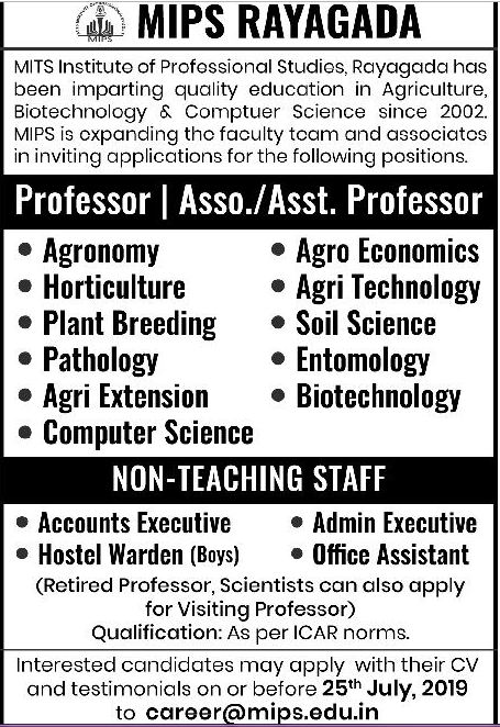 Odisha Jobs - Vacancy At MIPS-Rayagada July-2019