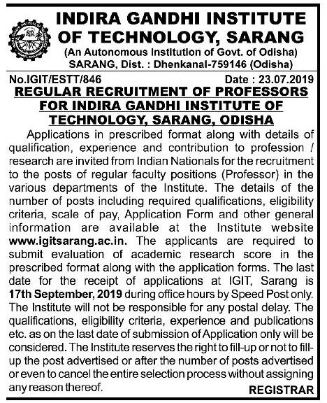 Odisha Jobs - Recruitment At IGIT-Sarang July-2019