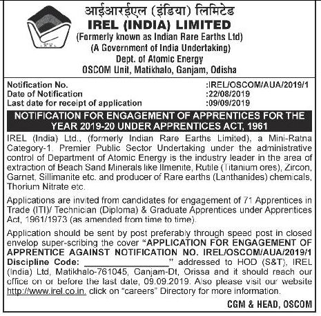 Odisha Jobs - Engagement At IREL-India-Limited-Ganjam August-2019