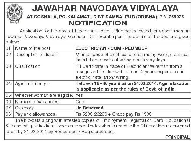 Odisha Jobs - Electrician-Cum-Plumber Job In Jawahar Navadaya Vidyalaya ...