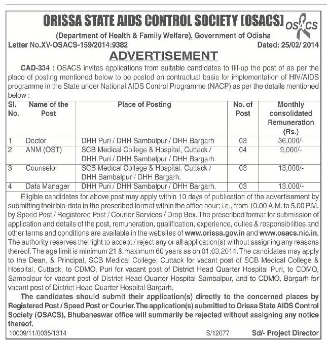 Odisha Jobs - Doctor, ANM, Counselor & Data Manager Jobs in OSACS ...
